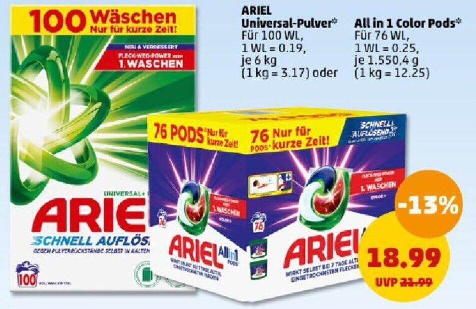 ARIEL Universal-Pulver 6 kg All in 1 Color Pods 1.550,4 g Angebot bei PENNY