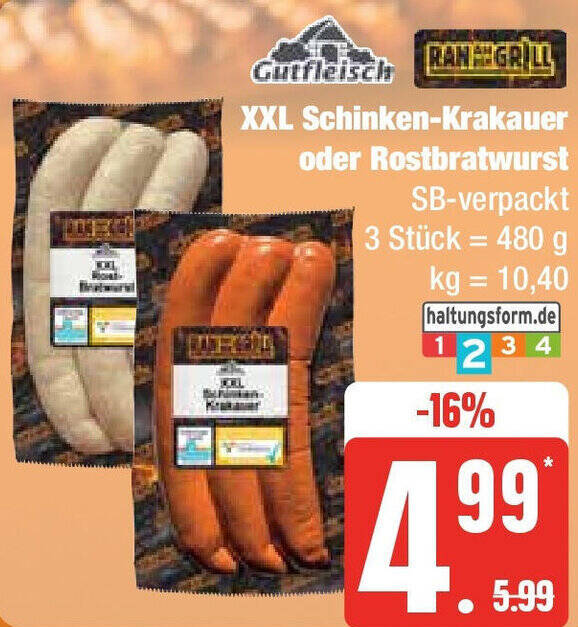 Gutfleisch XXL Schinken-Krakauer oder Rostbratwurst 480 g Angebot bei Edeka