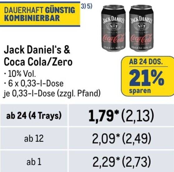 Jack Daniel's & Coca Cola/Zero 0,33 L Dose Angebot bei METRO