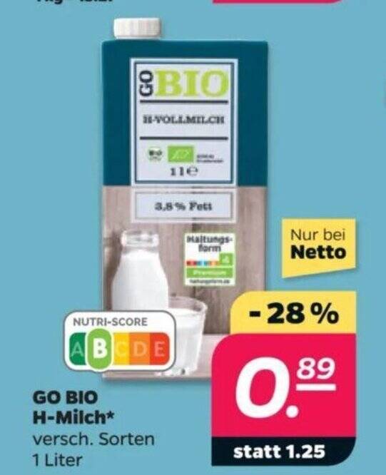 GO BIO H-Milch versch. Sorten 1 Liter Angebot bei NETTO