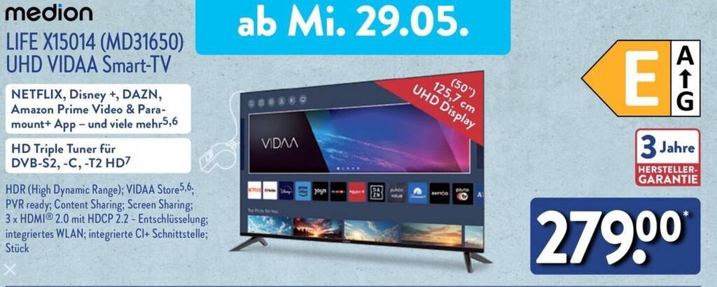 medion LIFE X15014 (MD31650) UHD VIDAA Smart-TV Angebot bei Aldi Nord