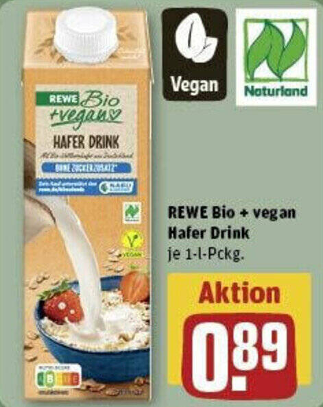 REWE Bio + vegan Hafer Drink 1-l-Pckg. Angebot bei REWE