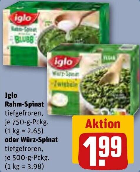 Iglo Rahm-Spinat 750 g oder Würz-Spinat 500 g Pckg. Angebot bei REWE