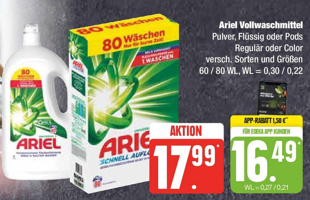 Ariel Vollwaschmittel Pulver, Flüssig oder Pods Regulär oder Color ...