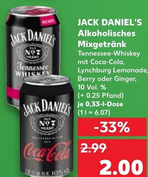 JACK DANIEL'S Alkoholisches Mixgetränk 0,33 l Dose Angebot bei Kaufland
