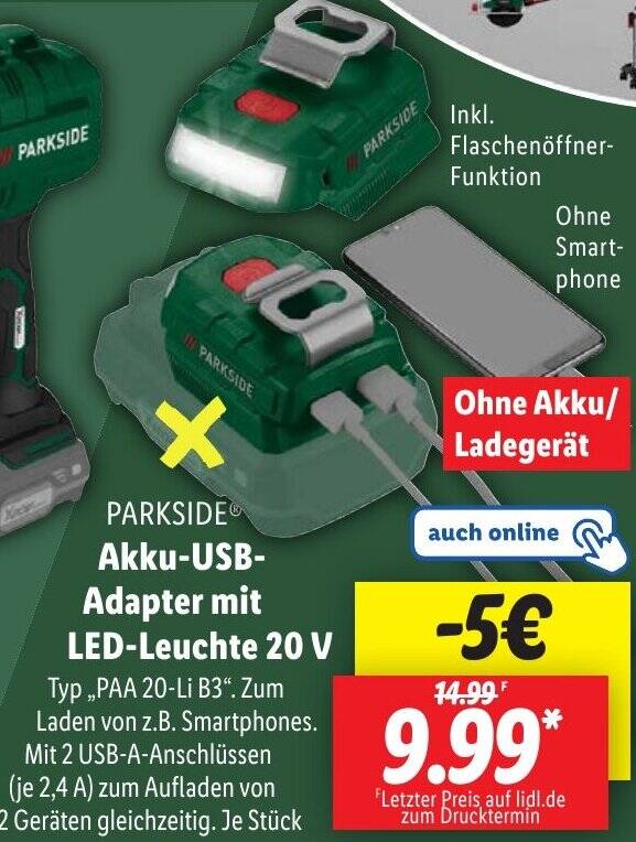 PARKSIDE Akku-USB Adapter mit LED-Leuchte 20 V Angebot bei Lidl