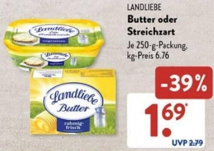 LANDLIEBE Butter oder Streichzart 250 g Packung Angebot bei Aldi Süd