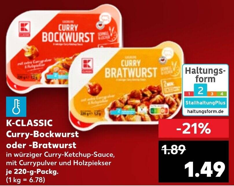 K-CLASSIC Curry-Bockwurst oder -Bratwurst 220 g Packg. Angebot bei Kaufland