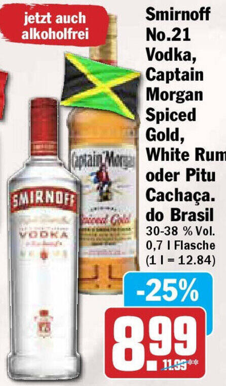 Smirnoff No.21 Vodka, Captain Morgan Spiced Gold, White Rum oder Pitu ...
