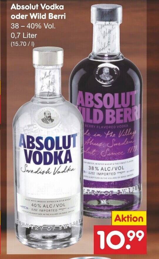 Absolut Vodka oder Wild Berri 38-40% Vol. 0,7 Liter Angebot bei Netto ...