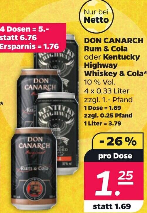 DON CANARCH Rum & Cola oder Kentucky Highway Whiskey & Cola 4 x 0,33 ...