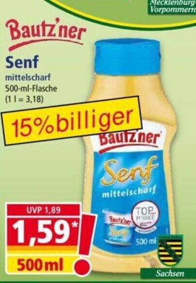 Bautz'ner Senf mittelscharf 500-ml-Flasche Angebot bei Norma