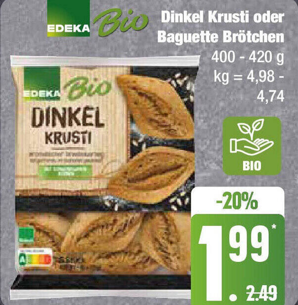 Bio Dinkel Krusti oder Baguette Brötchen 400-420 g Angebot bei Edeka