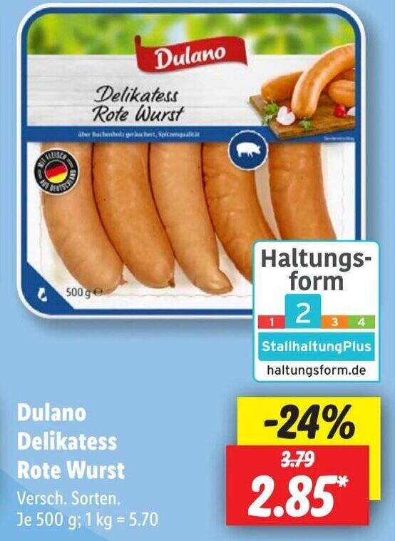 Dulano Delikatess Rote Wurst 500 g Angebot bei Lidl