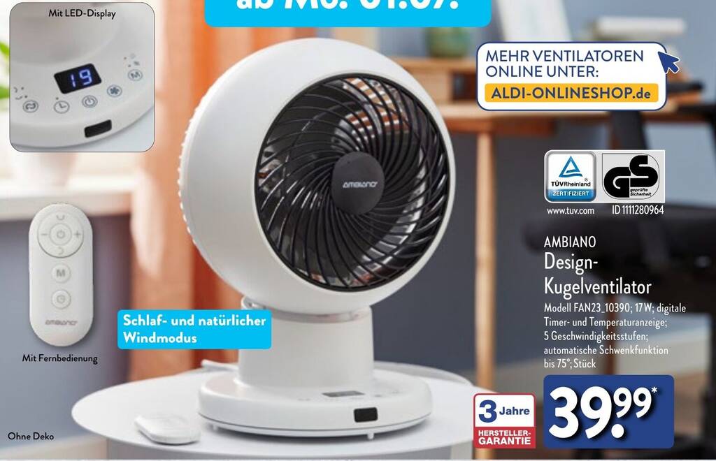 AMBIANO Design- Kugelventilator Angebot bei Aldi Nord