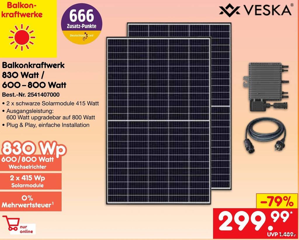 VESKA Balkonkraftwerk 830 Watt / 600-800 Watt Angebot bei Netto Marken ...