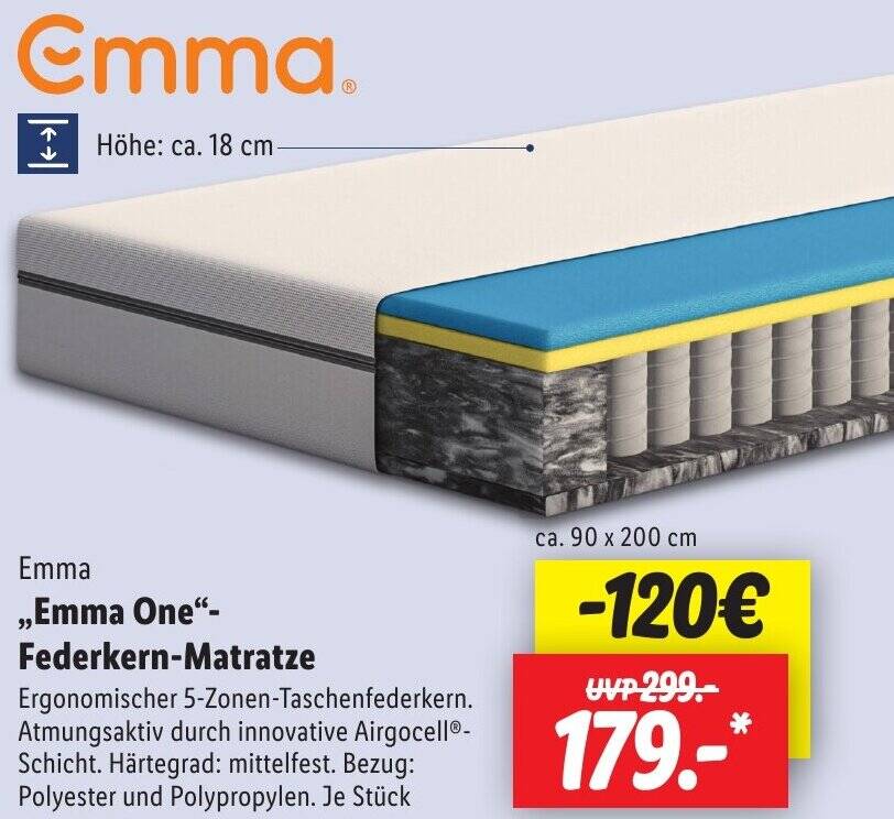 Emma „Emma One" Federkern-Matratze Angebot bei Lidl