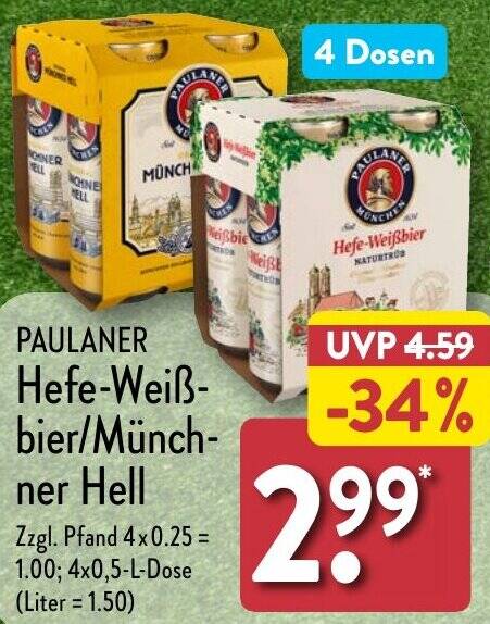 PAULANER Hefe-Weißbier/Münchner Hell 4x0,5 L Dose Angebot bei Aldi Nord