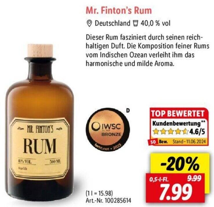 Mr. Finton's Rum 0,5 L-Fl. Angebot bei Lidl
