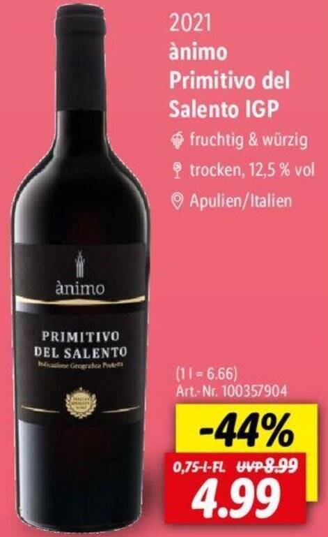 2021 ànimo Primitivo del Salento IGP 0,75 L Fl. Angebot bei Lidl
