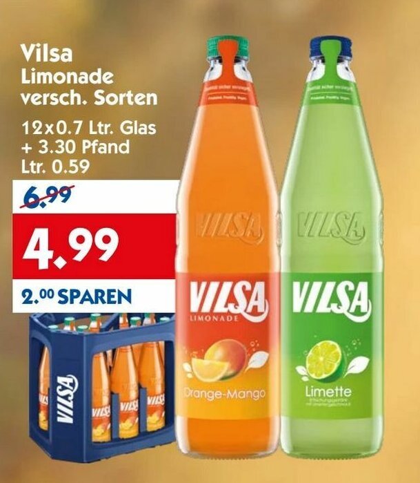 Vilsa Limonade versch. Sorten 12x0.7 Ltr. Glas + 3.30 Pfand Ltr. 0.59 ...