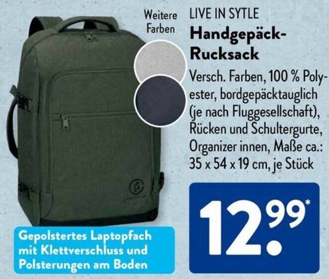 LIVE IN SYTLE Handgepäck Rucksack Angebot bei Aldi Süd