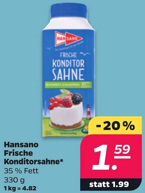 Hansano Frische Konditorsahne 330 g Angebot bei NETTO