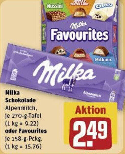 Milka Schokolade 270-g-Tafel oder Favourites 158-g-Pckg. Angebot bei REWE