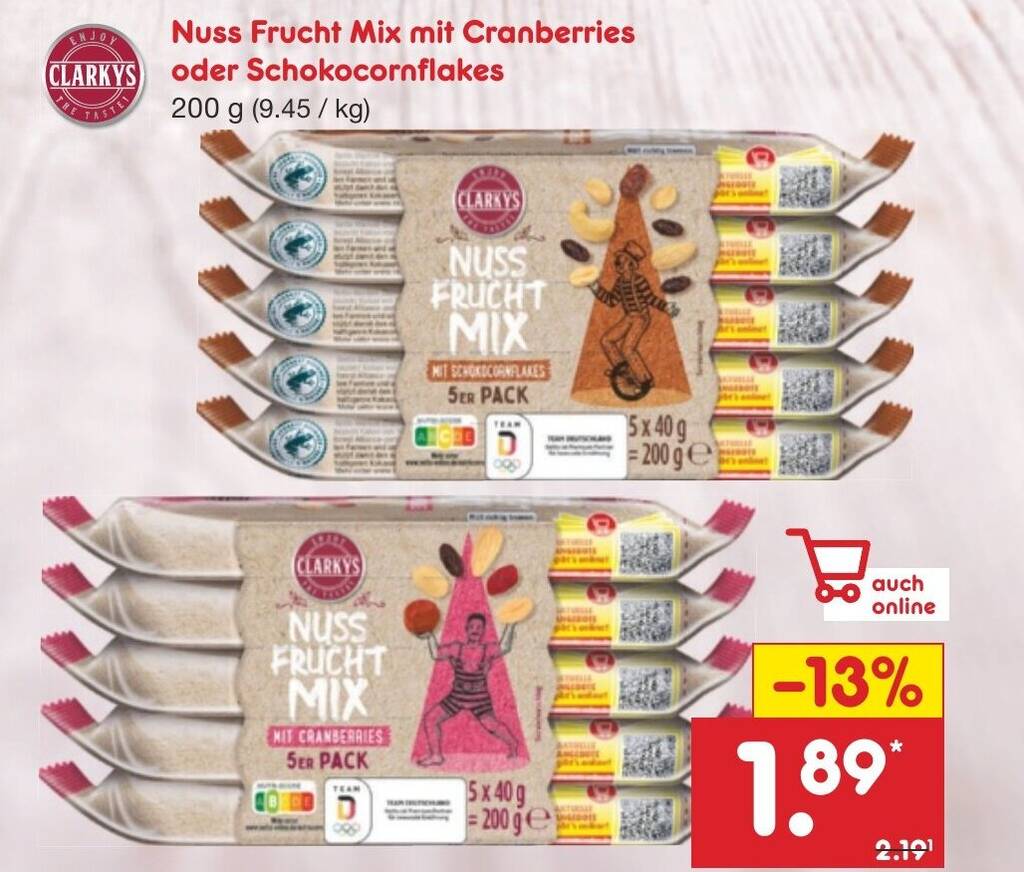 CLARKYS Nuss Frucht Mix mit Cranberries oder Schokocornflakes 200 g ...
