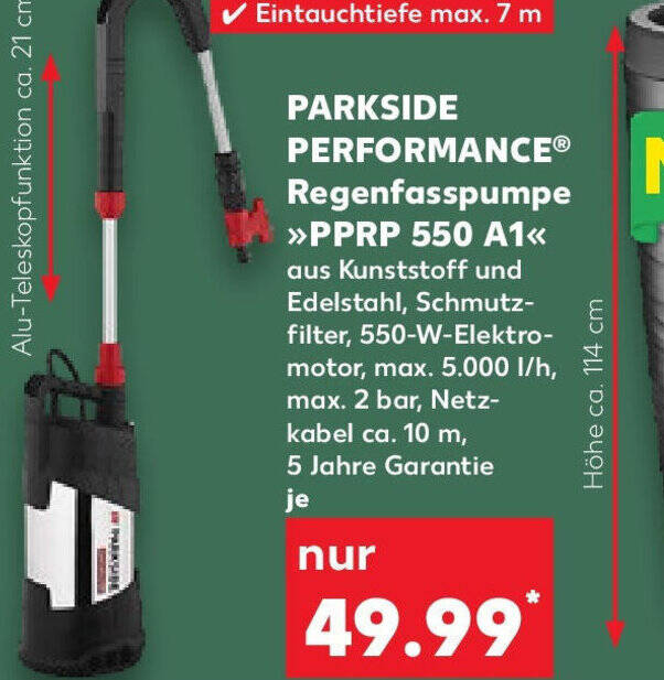 PARKSIDE PERFORMANCE® Regenfasspumpe PPRP 550 A1 Angebot bei Kaufland