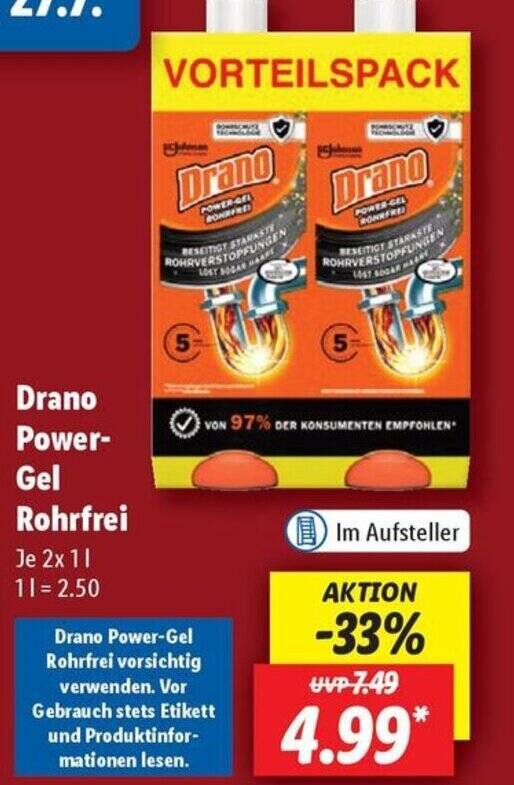Drano Power- Gel Rohrfrei 2 x 1 l Angebot bei Lidl