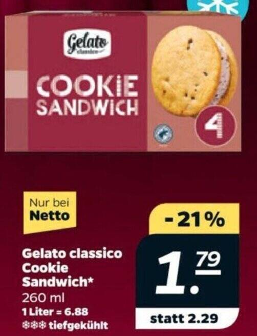Gelato classico Cookie Sandwich 260 ml Angebot bei NETTO