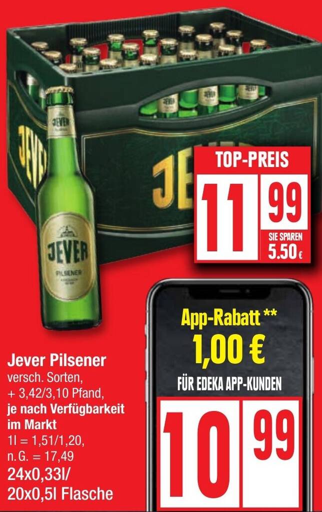 Jever Pilsener 24x0,33/20x0,5 L Flasche Angebot bei Edeka