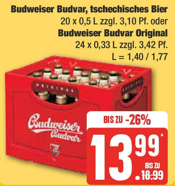 Budweiser Budvar, tschechisches Bier 20 x 0,5 L Budweiser Budvar ...