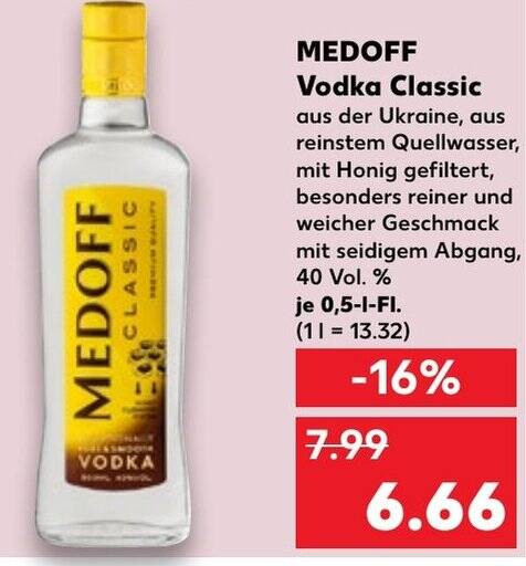MEDOFF VODKA CLASSIC 0,5 l Fl. Angebot bei Kaufland