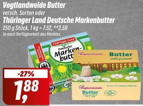 Vogtlandweide Butter oder Thüringer Land Deutsche Markenbutter 250 g ...