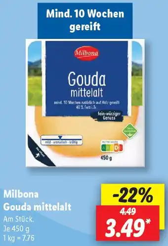 Milbona Gouda mittelalt 450 g Angebot bei Lidl