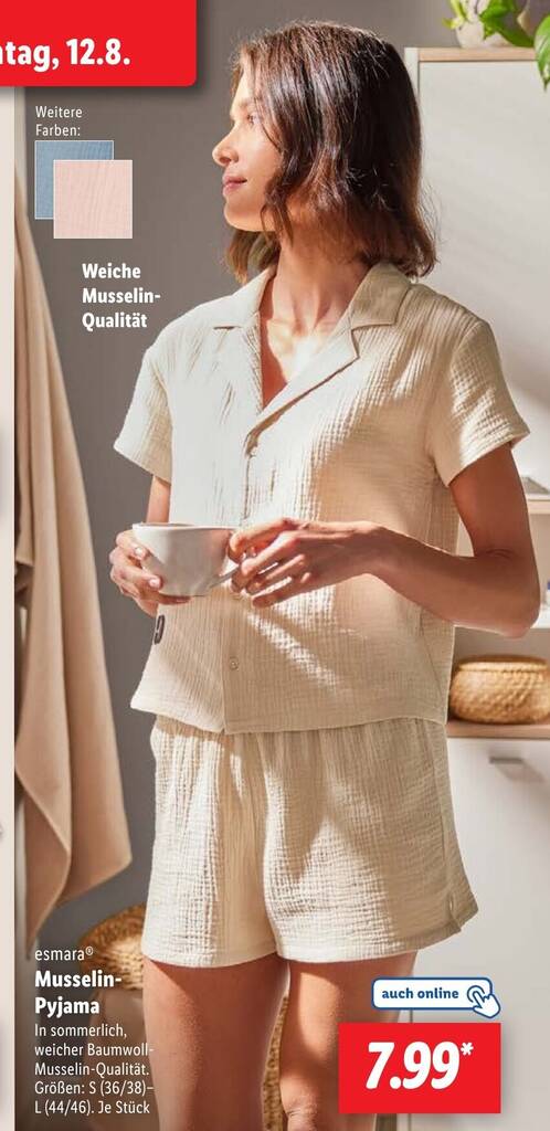 esmara Musselin-Pyjama. Größen: S (36/38)- L (44/46) Angebot bei Lidl