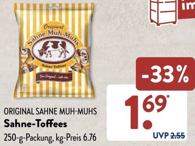ORIGINAL SAHNE MUH-MUHS Sahne-Toffees 250 g Packung Angebot bei Aldi Süd