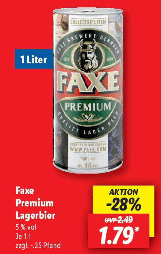 Faxe Premium Lagerbier 1L Angebot bei Lidl