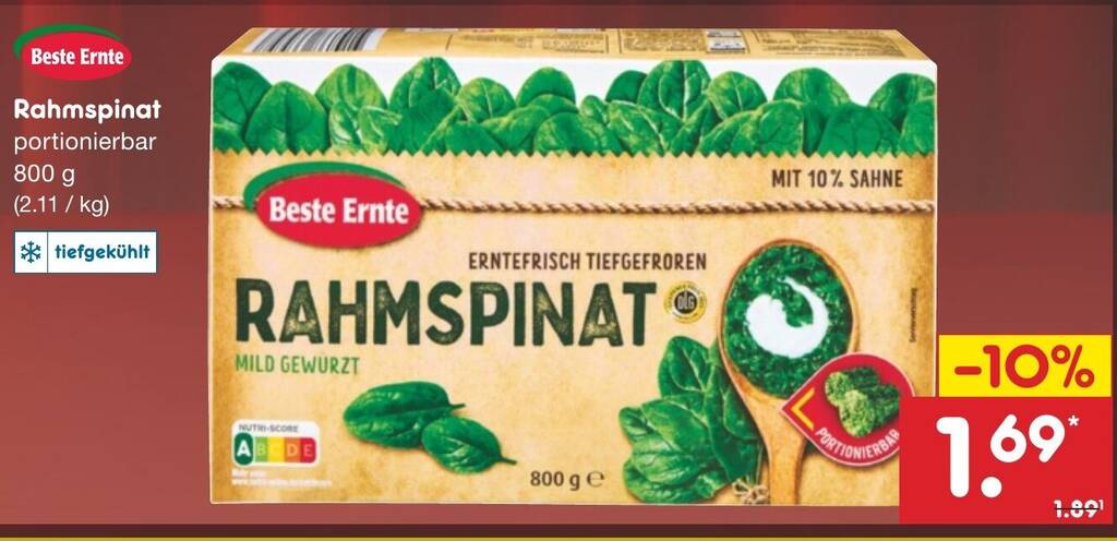 Beste Ernte Rahmspinat 800 g Angebot bei Netto Marken-Discount
