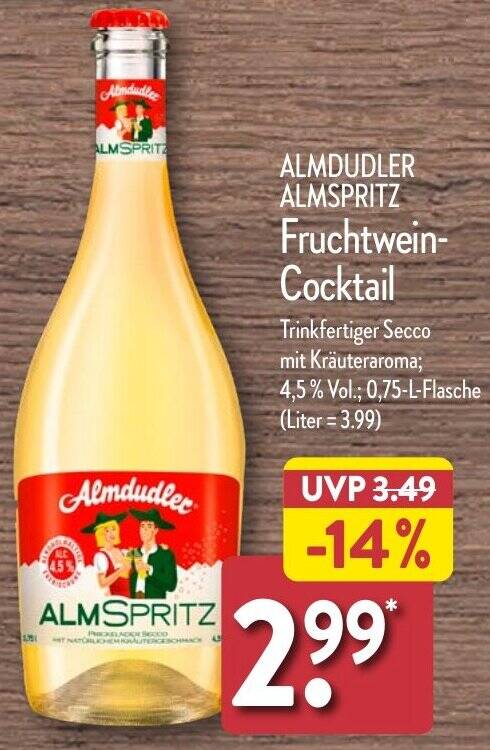 ALMDUDLER ALMSPRITZ Fruchtwein Cocktail 0,75 L Flasche Angebot bei Aldi ...