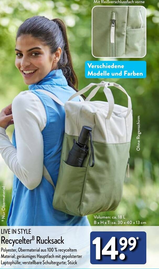 LIVE IN STYLE Recycelter Rucksack Angebot bei Aldi Nord