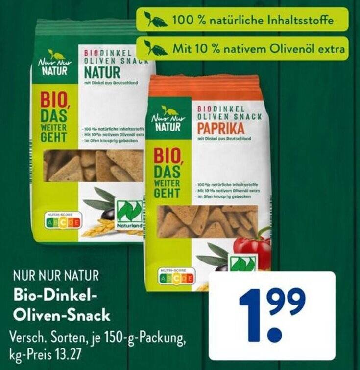 NUR NUR NATUR Bio-Dinkel- Oliven-Snack 150 g Angebot bei Aldi Süd