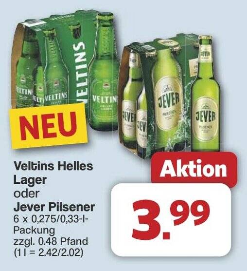 Veltins Helles Lager oder Jever Pilsener 6*275/330 ml Angebot bei ...