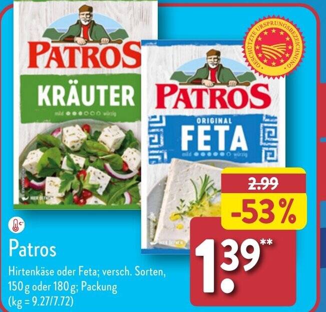 Patros Hirtenkäse oder Hirtenkäse oder Feta 150-180 g Angebot bei Aldi Nord