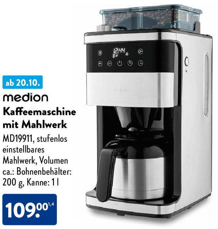 Medion Kaffeemaschine mit Mahlwerk Angebot bei Aldi Nord