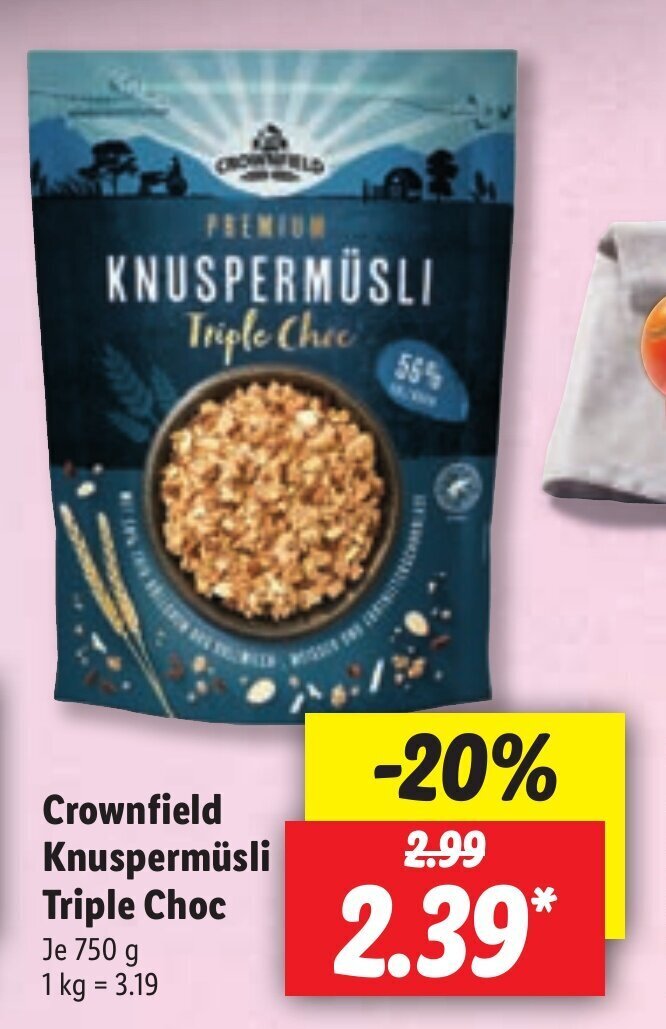 Crownfield Knuspermüsli Triple Choc 750g Angebot bei Lidl