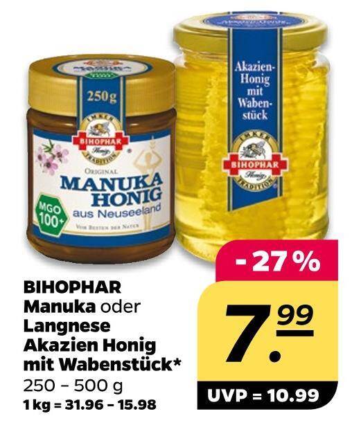 Bihophar manuka oder langnese akazien honig mit wabenstück Angebot bei ...