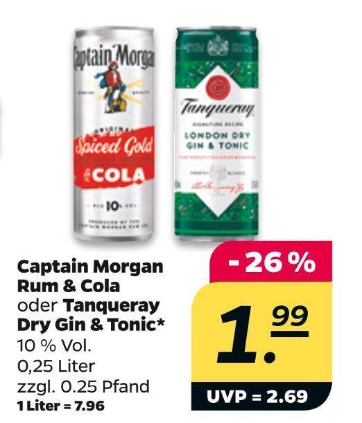 Captain morgan rum & cola oder tanqueray dry gin & tonic Angebot bei NETTO